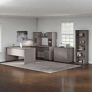 Bush Furniture Commerce 60W U Shaped Desk with Hutch, File Cabinets and Bookcase in Cocoa and Pewter