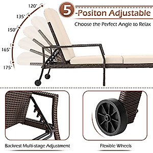 UPHYB Chaise Lounge Chair for Outside, Rattan Wicker Outdoor Lounge Chair, Adjustable Pool Lounge Chair with 2 Wheels & Thickened Cushion for Patio Poolside Deck (Khaki)