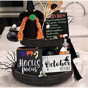 Halloween Decorations - Halloween Decor - Farmhouse Tiered Tray Decor Items - 3 Rustic Wooden Signs, Cute Witch Cauldron Gnomes Plush and Beads Garland for Fall Indoor Home Table Room Kitchen Office