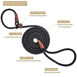 BTINESFUL 7FT Slip Lead Dog Leash, Strong Nylon Rope Leash, 1/4 & 1/2 inch Diam Dog Training Lead for Small Medium Large Dogs (1/4" * 7 FT, Black)