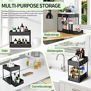 Kitchen Multi-Purpose Sink Organiser, Under Drawer Organiser, Under Sink Storage, 2 Tier Under Cabinet Organiser with Hooks and Cups, Cupboards, Bathrooms and Kitchens, Black