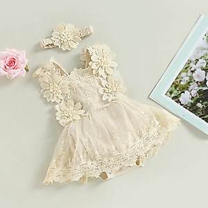 Baby Girl Clothes Floral Boho Lace Romper Bodysuit Romper Jumpsuit Summer Outfit Halloween Baby Clothes Girls (Beige, 0-3 Months)