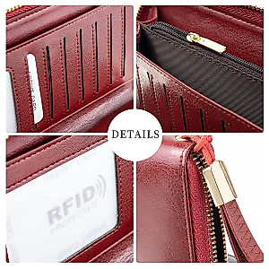 ORIREAL Wallets for Women RFID Blocking Leather Clutch Purse Zip Around Card Holder (Red), 8.07L x 4.13W x 0.98T