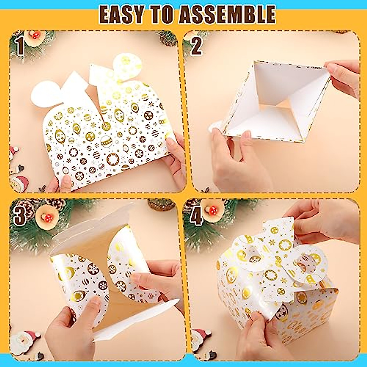 Fulmoon 24 Pcs Christmas Gift Boxes Metallic Christmas Treat 3D Xmas Goody Candy Cookie with Bow Paper Goodie Gift Wrapping Boxes for Holiday Party Favor Supplies(Gold)