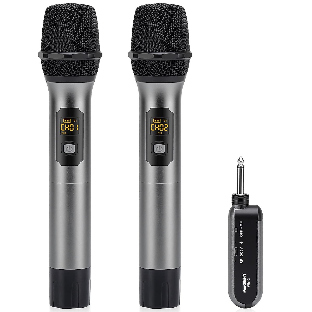 PERWHY Wireless Microphone System, UHF All Metal Cordless Dual Handheld Dynamic Mic Set with Rechargeable Receiver, for Karaoke Party, Amplifier, PA System, Singing Machine, Church, Wedding, 200ft
