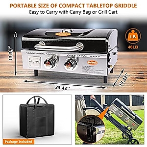 Hisencn Portable Griddle for Outdoor, Tabletop, Countertop, Kitchen, Tailgating, RV - Nonstick Camping Griddle 348 sq. in. 24000 BTUs Griddle for Gas Grill, 22 Inch with Hood, with Carry Bag