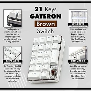 Qisan Mechanical Numeric Keypad GATERON Brown Switch Wired Crystal Case White Backlit Gaming Keypad 21 Keys Mini Numpad Portable Mechanical Numpad Extended | Laptop Accessories | keypad for Computer