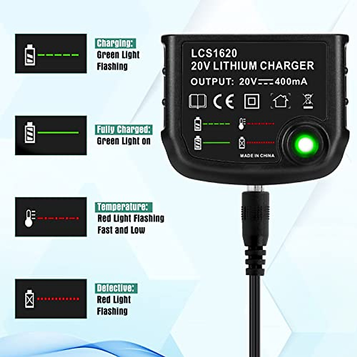 Lipop LCS1620 Battery Charger for Black and Decker 20V Lithium Battery Charger LBXR20 LBX20 LB20 LBXR20-OPE LBX4020 LB2X4020 LBXR2020-OPE