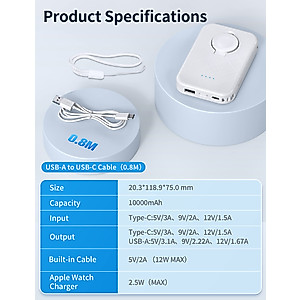 RORRY Portable Apple Watch Charger,10000mAh Fast Charging Power Bank with Built-in Cable, Compatible with Apple Watch Series 9/Ultra2/8/Ultra/7/6/Se/5/4/3/2/, iPhone 15/14/13/12/11/XS/X/8