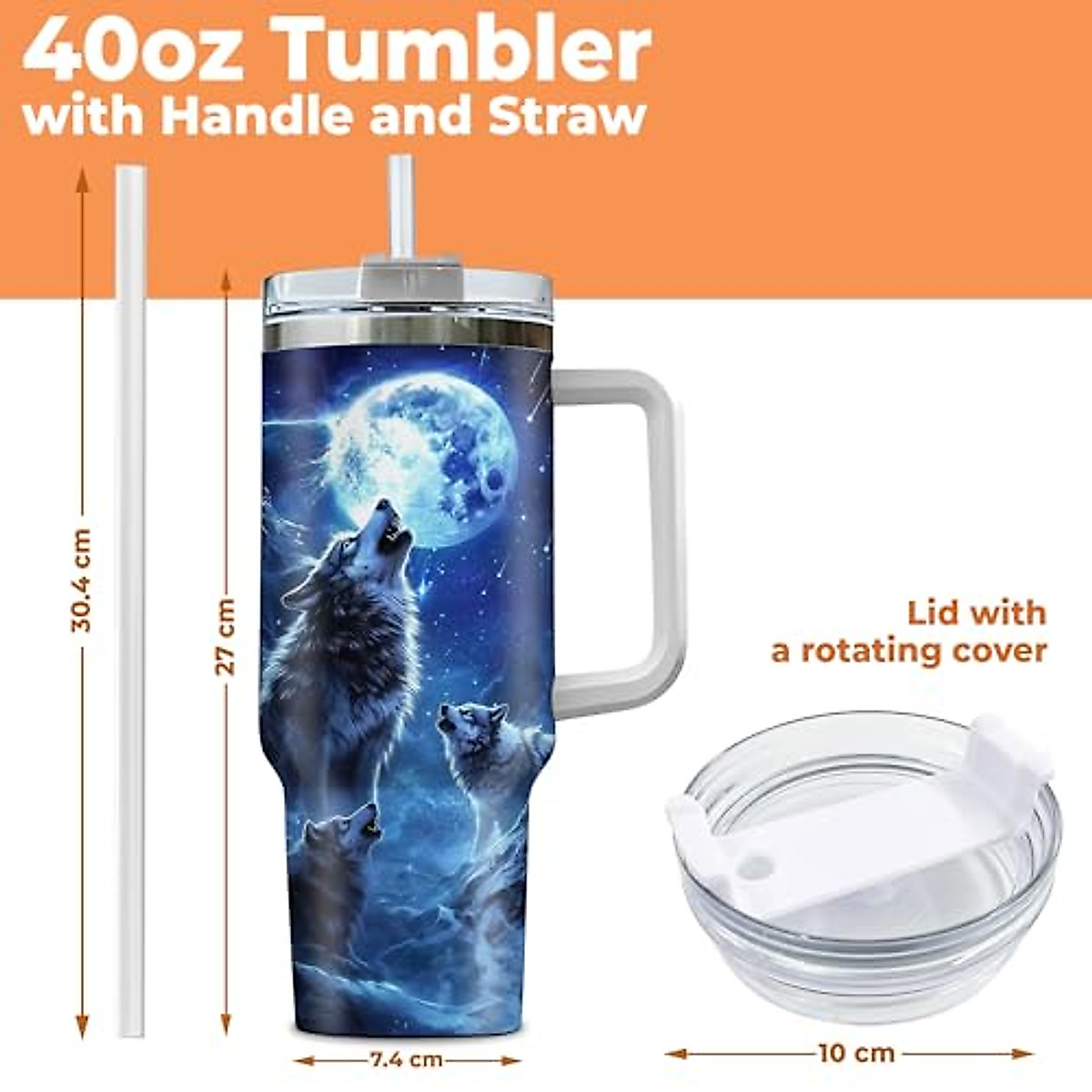 Foxcorner Personalized Wolf 40oz Tumbler with Handle and Straw Gifts for Wolf Lovers, Father's Day Gifts For Men, Gift Ideas on Birthday, Custom Name Insulated Stainless Steel Travel Cup With Lid