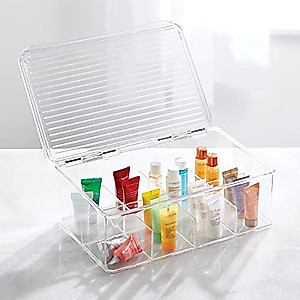 mDesign Plastic First Aid Kit Storage Box with Clear Top Lid for Bathroom, Kitchen, Cabinet, Closet, Drawer - Organizes Medicine, Ointments, Adhesive Bandages, Dental, 8 Divided Sections - Clear