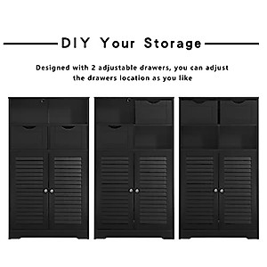 WEENFON Bathroom Cabinet, Storage Cabinet with 2 Drawers & 2 Shutter Doors, Free Standing Floor Cabinet with Adjustable Shelf, for Living Room, Hallway, Home Office, Black