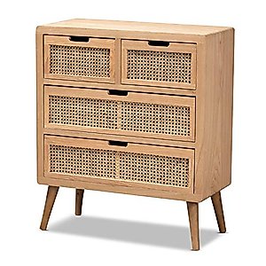 Baxton Studio Alina Medium Oak Finished Wood and Rattan 4-Drawer Accent Chest
