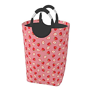 BEITUOLA Strawberry Laundry Basket Cute Fruits Laundry Hamper Pink Strawberries Collapsible Laundry Baskets with Handle Laundry Bag Dirty Clothes Hamper for Dorm Family Bathroom Decor Storage 50L