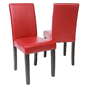 Roundhill Furniture Urban Style Solid Wood Leatherette Padded Parson Chair, Red, Set of 2