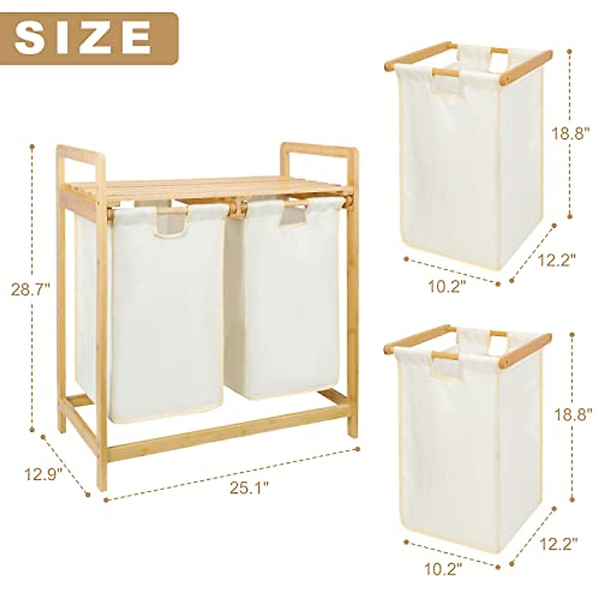 Bellzacasa Bamboo Laundry Hamper Shelf 2 Section Hamper Laundry Basket Bamboo Laundry Organizer with 2 Removable Beige Liner Bag For Bathroom Living Room Bedroom