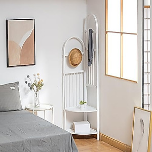 latifolia Corner Clothing Rack, bamboo clohes rack with 8 Hooks for hanging clothes, hats, Bottom two shelves for storage, white