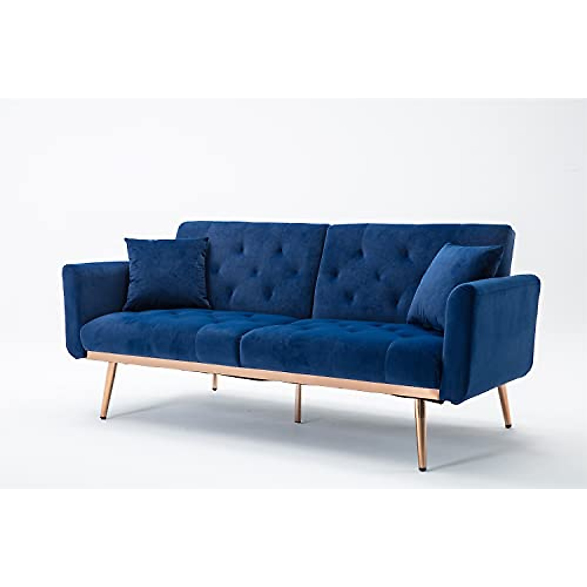 Velvet Mini Sofa, Accent Sofa, Modern Folding Couch, Sofa Bed for Living Room, Loveseat Sofa with Rose Gold Metal Feet (Navy)