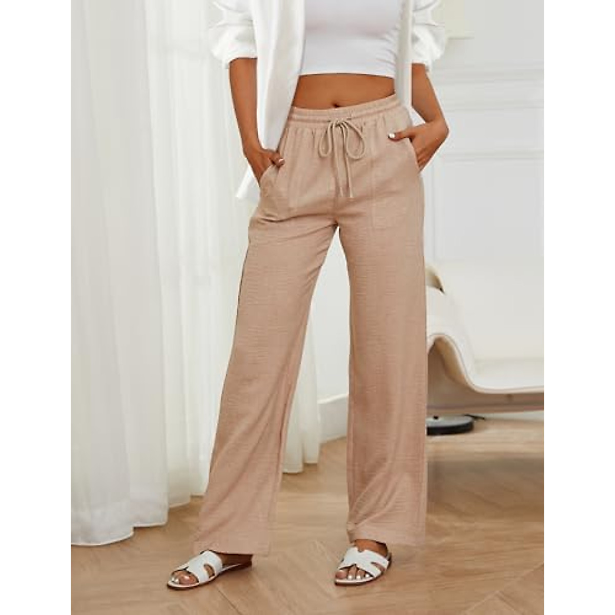 Narcissus Khaki Linen Pants for Women Fall Plus Size Khaki Pants for Women Drawstring Loose Linen Pants Plus Size Linen Beach Pants for Women (Khaki XL)