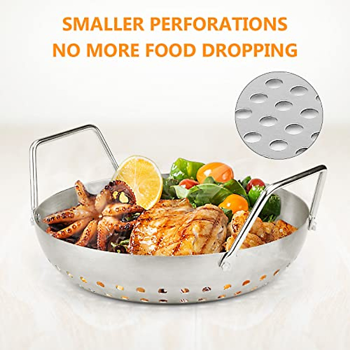 Grisun Vegetable Grill Baskets 3 PCS - Heavy Duty BBQ Grill Baskets for Outdoor Grill with handle, Stainless Steel BBQ Vegetable Grilling Baskets with a Round Wok Grill Pan, Dishwasher Safe