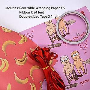 Reversible Gift Wrapping Paper - Rolled 5 Sheets -Naughty Old Couple(33" X 17" Each Sheet) - Inclueds Ribbon and Double-sided Tape - Unique Design for Anniversary Birthdays Valentine's Day and Party
