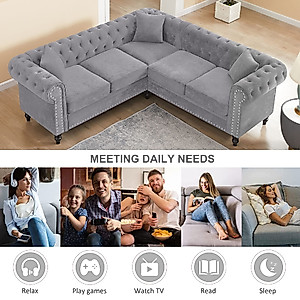 RARZOE Chesterfield L Shaped Sectional Sofa, Deep Button Tufted Velvet Sofa, Upholstered Rolled Arm Classic Chesterfield Settee Sofa, Modern 5 Seater Couch Furniture for Living Room, Grey
