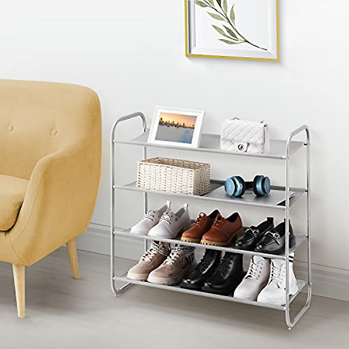 MAX Houser 4 Tier Shoe Rack Storage Organinzer 4 Shelf Shoe Rack Organizer，Entrance Fabric Shoe Shelf Small for Closet Entryway Hallway Bedroom(Light Gray)