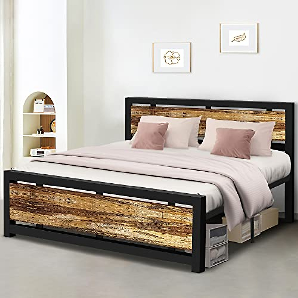 Aqgrj King Bed Frame, Platform Bed Frame King Size with Wood Headboard and 12 Strong Metal Supports,Easy Assembly, Noise-Free No Box Spring Needed