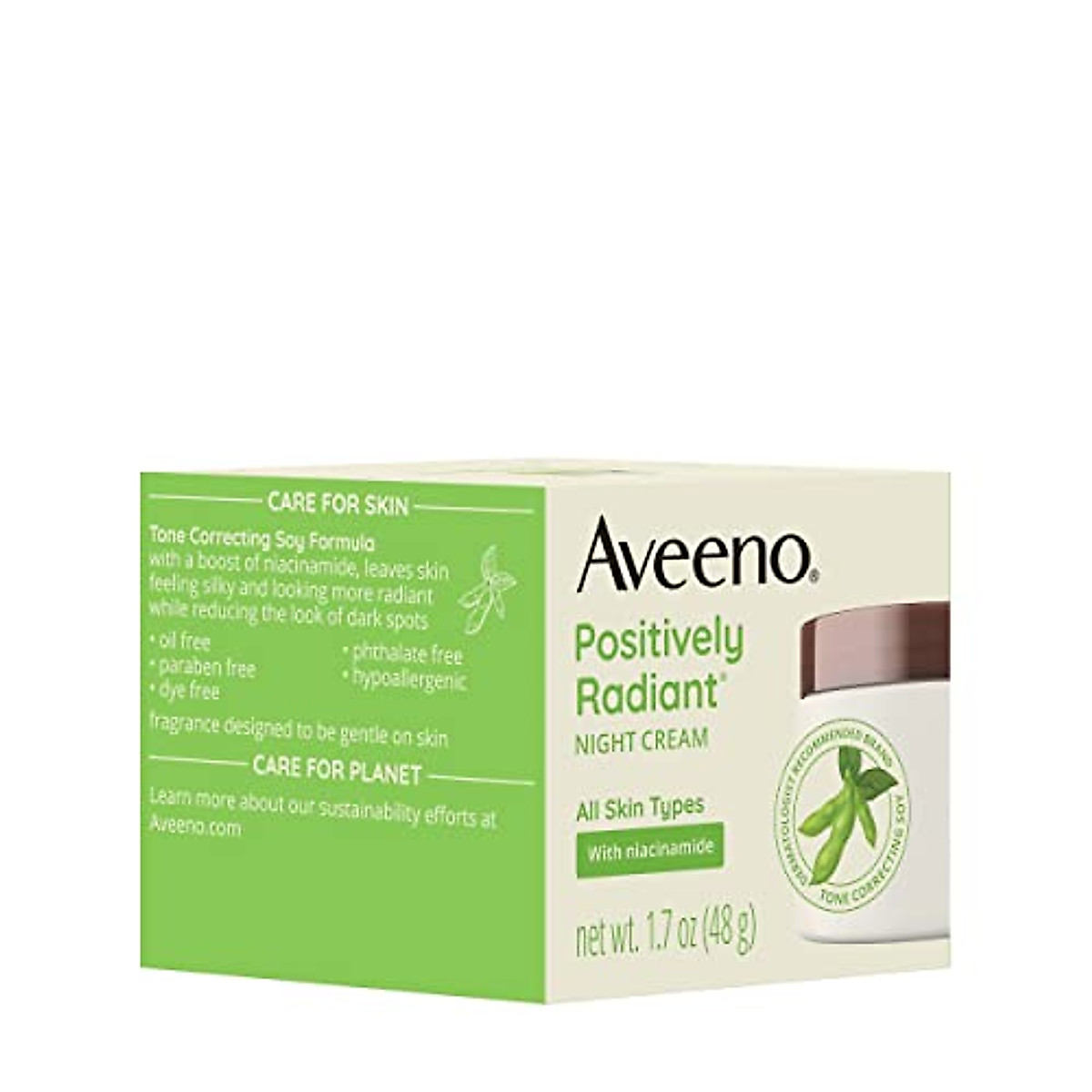 Aveeno Positively Radiant Intensive Moisturizing Night Cream with Total Soy Complex & Vitamin B3, Oil-Free, Non-Greasy, Hypoallergenic & Non-Comedogenic, 1.7 oz