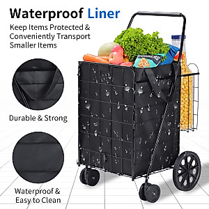 Upgraded Shopping Cart w/ 360° Swivel Wheels & Waterproof Basket Liner for Groceries, Shopping Laundry - Foldable Collapsible & Lightweight - Extra Large Heavy Duty Utility Cart