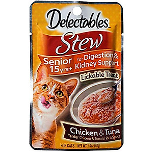Delectables Stew Senior 15+ Chicken & Tuna Lickable Cat Treat Bisque Senior 15 Years+ Lickable Wet Cat Treats. Two Flavors, 3 Pouches of Each Flavor. Variety Pack 6 Count Total