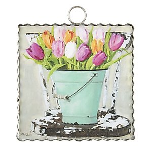 The Round Top Collection - Mini Gallery Bucket of Tulips, 6" x 1" x 7" Spring Themed Décor, Metal & Wood