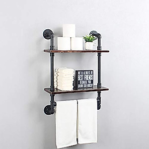 Murtain Industrial Pipe Bathroom Shelves 2-Tier Wall Mounted,19.7 Rustic Shelf with Bath Towel Bars,Farmhouse Rack,Metal & Wooden Floating Shelves,Over The Toilet Storage Shelf,Vintage Black