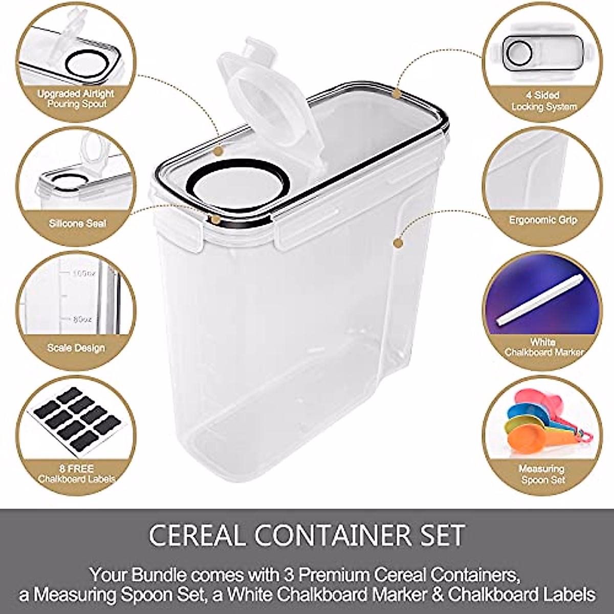 3 Pk Cereal Containers Storage Set 135.2oz/4L Each, Airtight Food Storage Containers, Large Cereal Dispenser, Kitchen Pantry Organization Containers, with Labels and Measuring Spoons