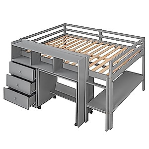 Wooden Full Size Bed Frame Full Size Low Loft Bed with Rolling Portable Desk, Drawers and Shelves, Gray