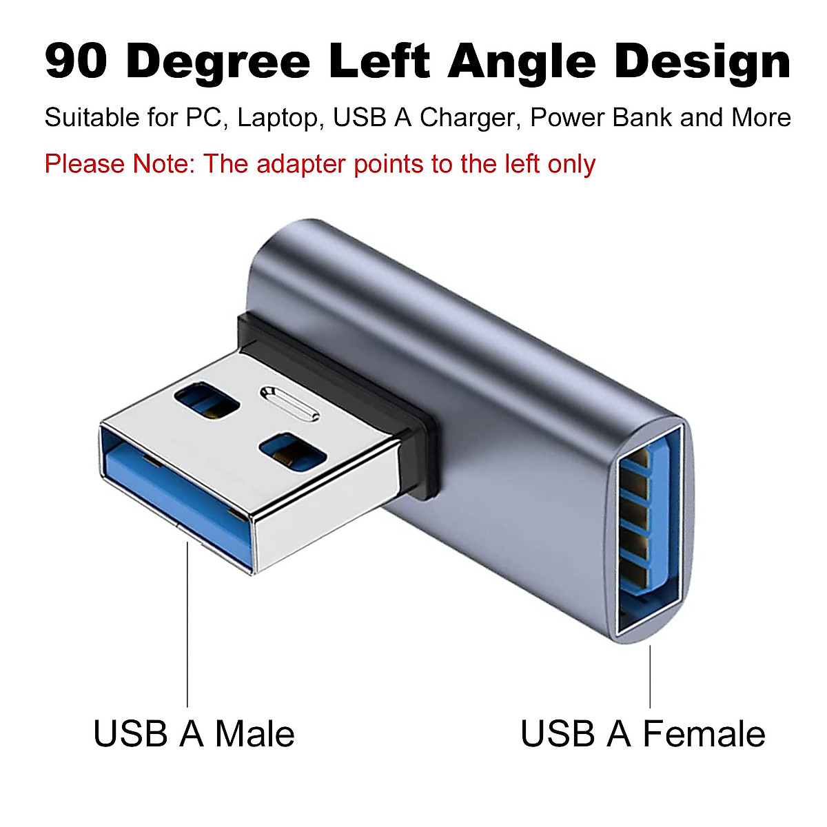 AreMe 90 Degree USB 3.1 Adapter 2 Pack, Left Angle USB A Male to Female Converter Extender for PC, Laptop, USB A Charger, Power Bank and More
