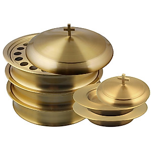 Communion Ware 3 Holy Wine Serving Trays with A Lid & 2 Stacking Bread Plates with A Lid - Stainless Steel (Brass/Gold Shiny)