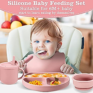 Silicone Baby Feeding Set, Baby Led Weaning Supplies with Suction Bowl Divided Plate, Toddler Self Feeding Dish Set with Spoons Forks Sippy Cup Adjustable Bib, Eating Utensils for 6+ Months(Pink)