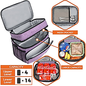 opux Insulated Lunch Bag for Men Women, Large Dual Compartment Cooler Bag, Soft Two Deck Lunch Box for Work School Picnic, Leakproof Lunch Tote with Shoulder Strap for Kid Adult (Purple, Double Deck)