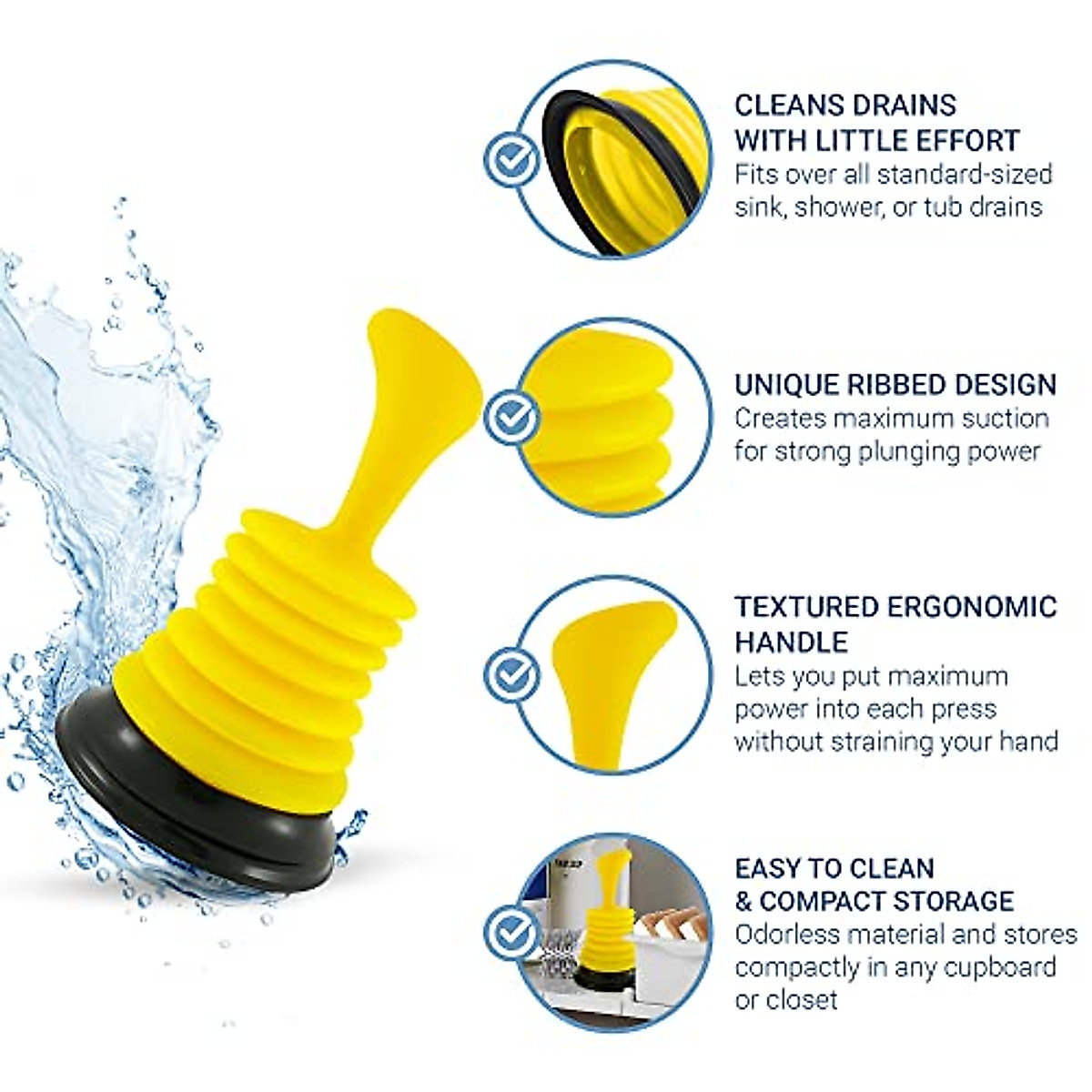Meadow Lane Small 7" Sink Plunger - Mini Clog Remover for Kitchen & Bathroom Sink Drains - Hand Ergonomic, Space-Saving & Powerful Suction - Universal Fit for Home or Commercial Use, Yellow