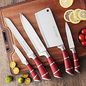 Kitchen Knife Set, CHEFDEER 9-Piece Pink Sharp Non-Stick Coated Chef Knives Block Set,Stainless Steel Knife Set for Kitchen with Sharpener for Cutting Slicing Dicing Chopping (Red)