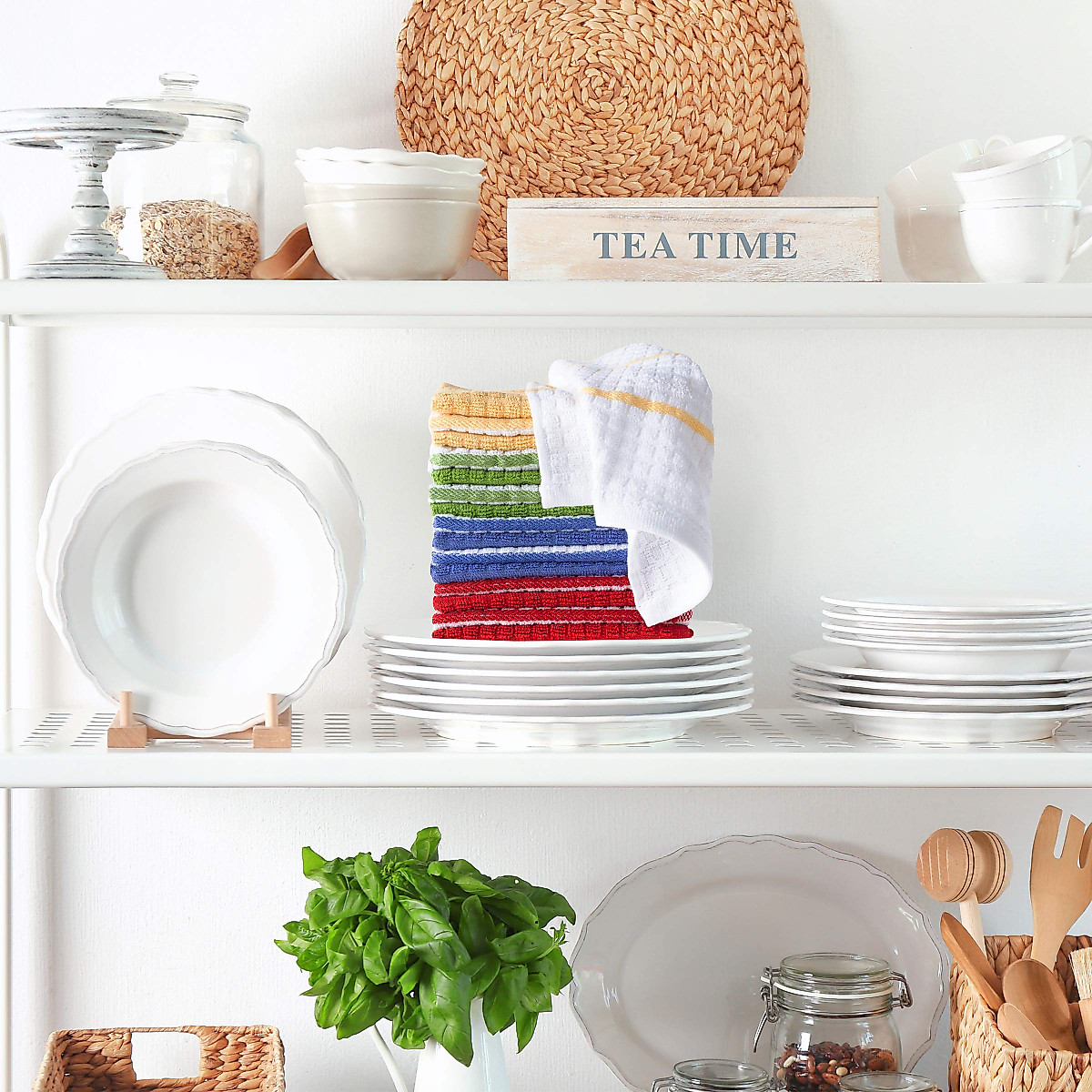 Bedford Home Set of 16 Kitchen Dish 12.5x12.5”-100% Cotton Wash Cloths-Waffle Weave in 4 Colors of Striped & Solids-Dishcloths for Cleaning by Lavish Home, Multiple