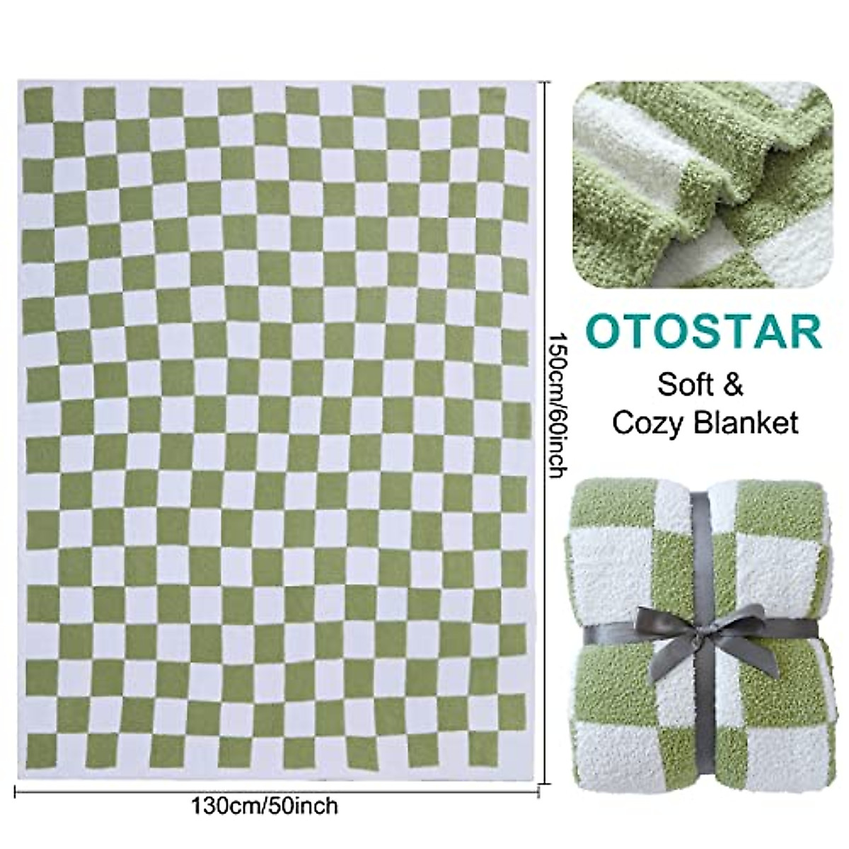 OTOSTAR Knit Checkered Throw Blanket Super Soft Warm Cozy Knitted Checkerboard Grid Chessboard Gingham Reversible Blanket Comfort Plush Fluffy Blanket for Couch Bed Sofa Travel 50x60 Inch (Sage Green)