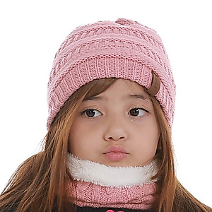 Girls Winter Hat Scarf Gloves Set for Cold Weather, Kids Beanie Hat Infinity Scarf Knitted Gloves Sets PInk Knit Thick Warm Fleece Lined Thermal Set for 6-10 Years Old Boy Baby Toddler Children