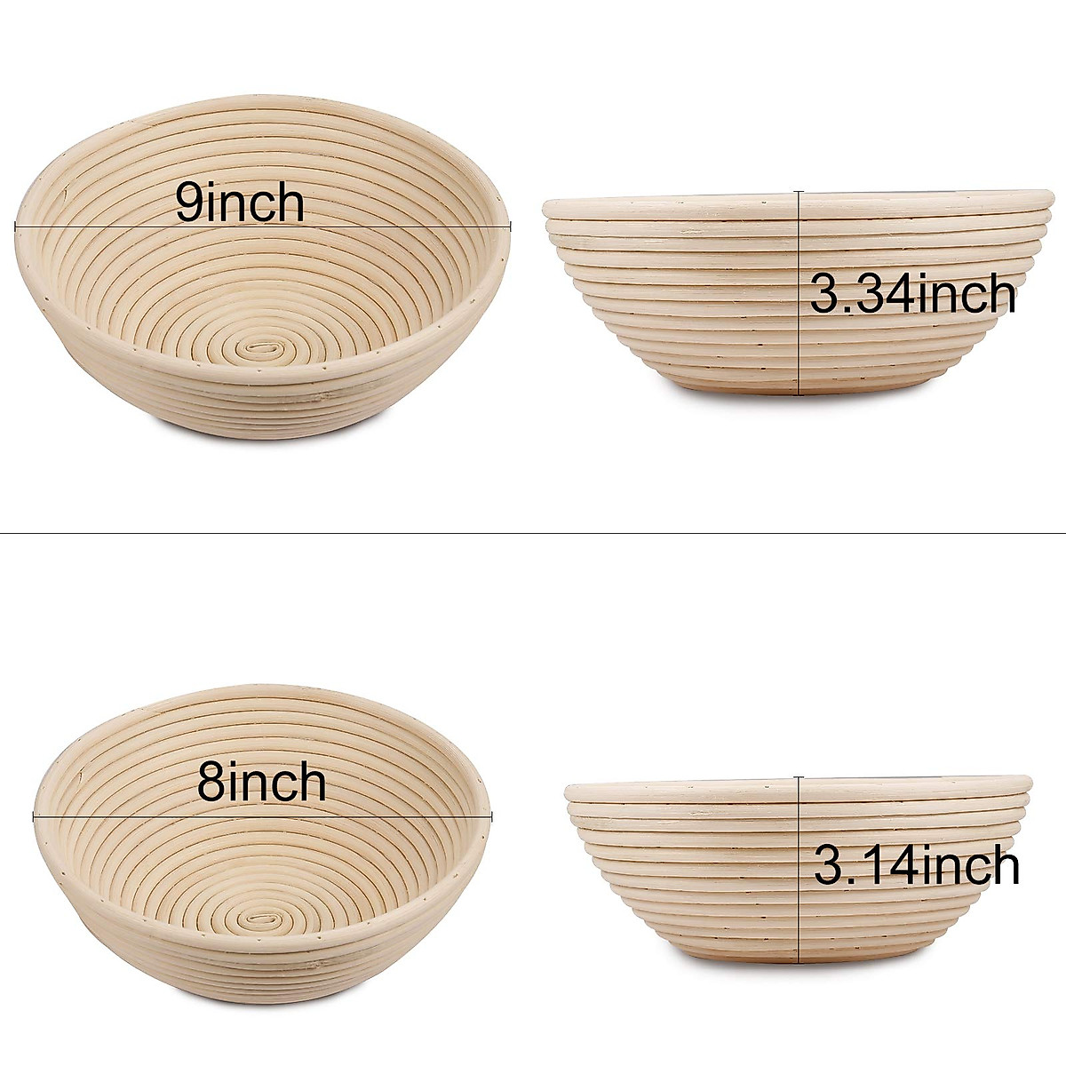 Round Bread Proofing Basket Set of 2, 8" and 9" Natural Rattan Banneton Round Sourdough Baking Bowls with Multi Baking Tools for Professional and Home Bakers