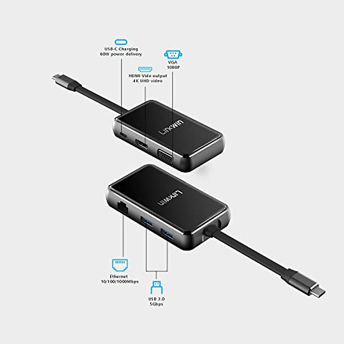 USB C Hub, LINKWIN 6 in 1 Tempered Glass USB C Multiport Adapter, USB C to HDMI, VGA, 2 USB 3.0 Ports, USB C Charging, RJ45 Gigabit Ethernet, USB C Dock Dongle Compatible Apple MacBook Pro 13 (Black)