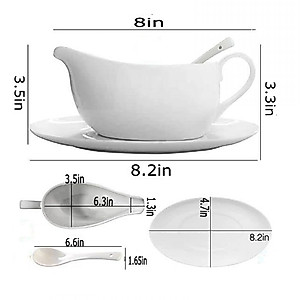 Qlans Gravy Boat With Ladle and Saucer 17 Oz,Ceramic Sauce Boat with Tray for Salad Dressings Milk,Warming Sauces,Creamer,Broth,Black Pepper,White (1 PCS New Gravy Boat With Ladle and Saucer)