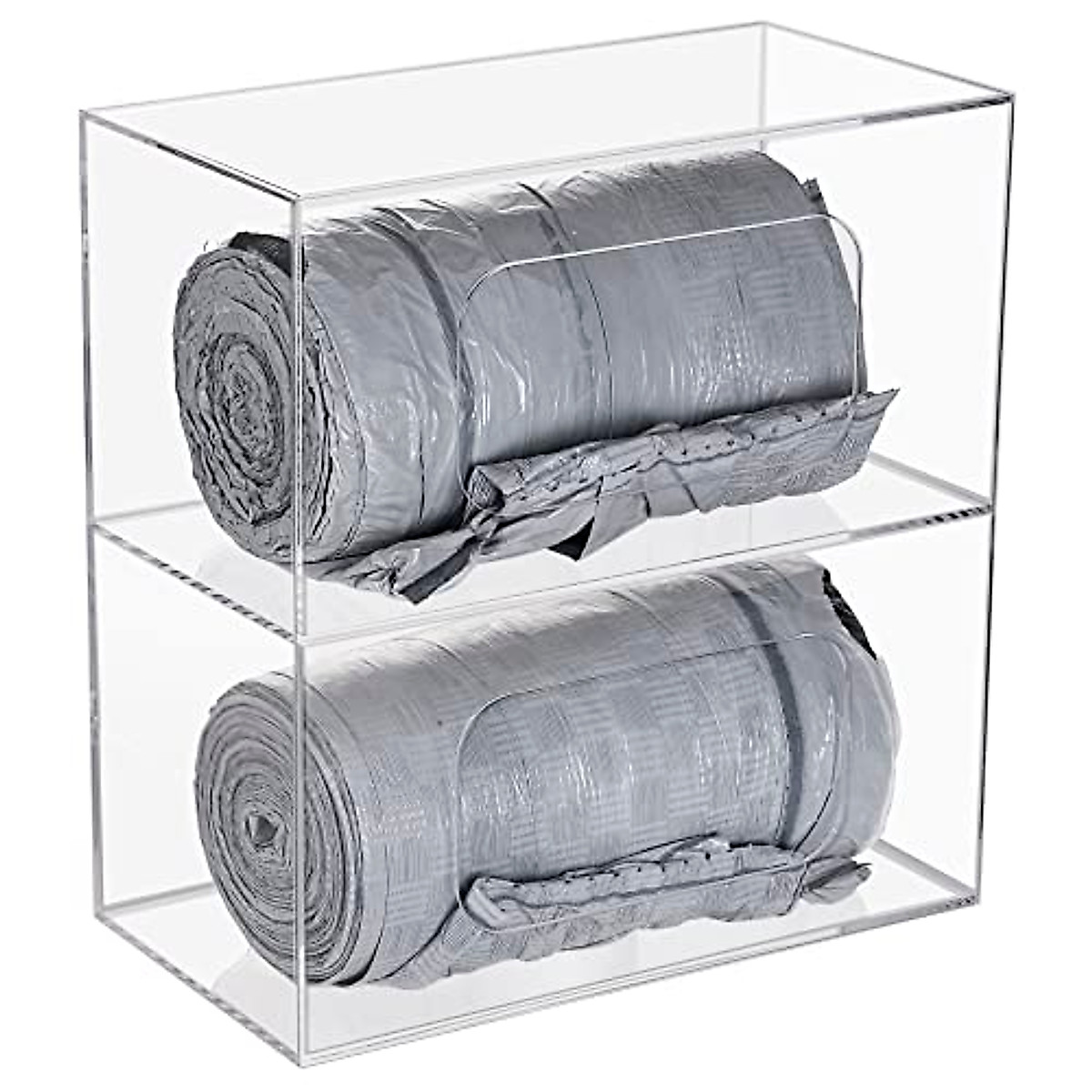 SEANADO Trash Bag Dispenser Roll Holder, 2 Compartment Wall Mount Acrylic Kitchen Double Side Loaded Organizer Storage Box Holder for Garbage Bag Grocery Bag Plastic Bag(10.4 x 5.5 x 11inches)