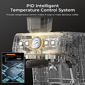 Havato Espresso Machine, 15 Bar Semi-Automatic Espresso Machine with Grinder & Milk Frother Steam Wand, 1350W Home Cappuccino Latte Machine with Removable 75 Oz Water Tank, Stainless Steel