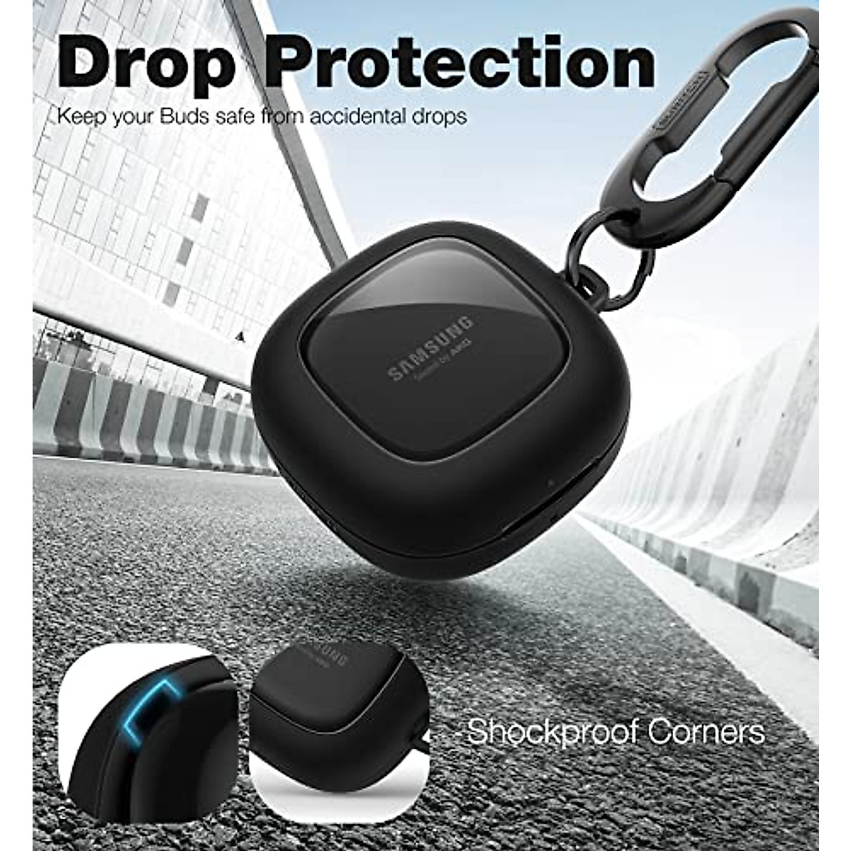 SURITCH Case for Samsung Galaxy Buds FE(2023)/Buds 2 Pro(2022)/Buds 2(2021)/Buds Pro(2021)Buds Live(2020), Shockproof Sturdy Protective Earbuds Cover for Charging Case with Heavy-Duty Carabiner, Black